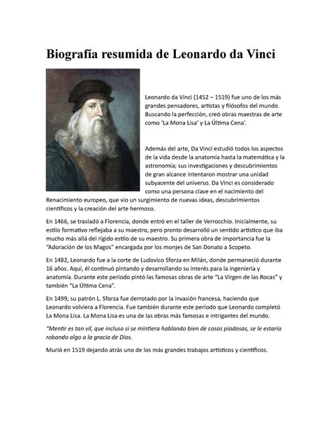 Biografia Resumida De Leonardo Da Vinci Biograf A De Leonardo Da