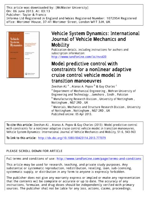 pdf model predictive control with constraints for a nonlinear adaptive cruise control vehicle