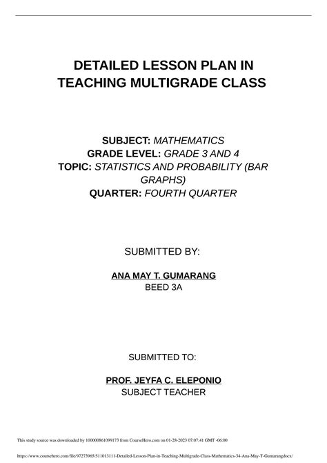 SOLUTION 511013111 Detailed Lesson Plan In Teaching Multigrade Class