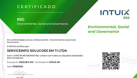 Certificado ESG Service Info Ligue 21 2391 8055