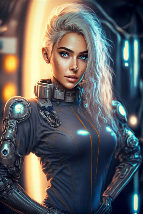 A Woman With Long Blonde Hair And Blue Eyes In A Futuristic Suit Holding Her Hands On