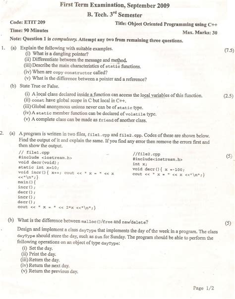 ggsipu question papers first term 2009 etit 209 object oriented programming using c