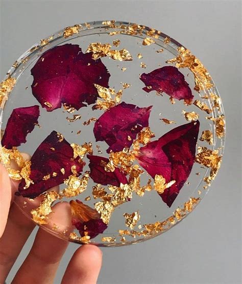 Handmade Resin Coasters With Rose Petals And A Choice Of Gold Silver