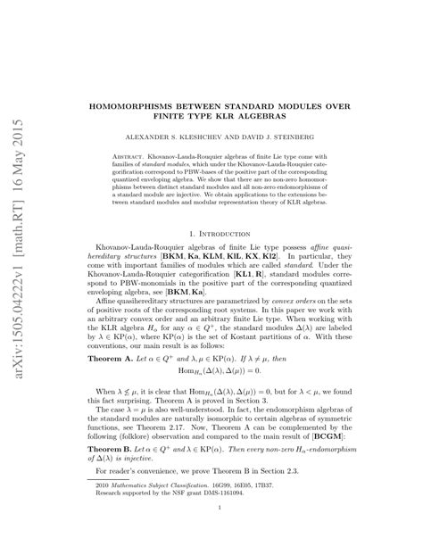 pdf homomorphisms between standard modules over finite type klr algebras