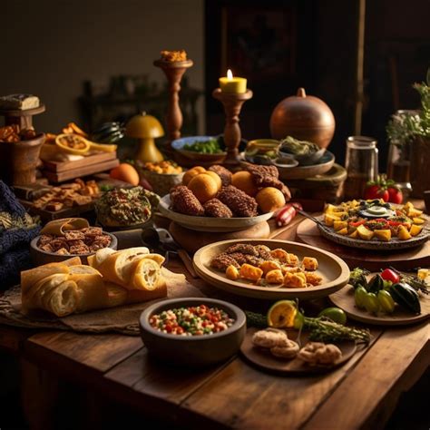 Una Mesa Llena De Comida Que Incluye Pan Verduras Y Pan Foto Premium