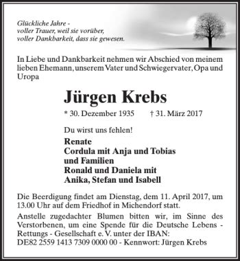 Traueranzeigen von Jürgen Krebs trauer anzeigen de