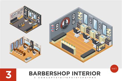 D V Isometric Barbershop Interior Vector Set
