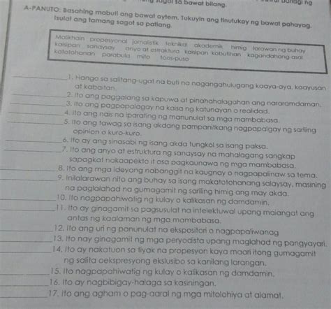 Basahing Mabuti Ang Bawat Aytem Tukuyin Ang Tinutukoy Ng Bawat Pahayag