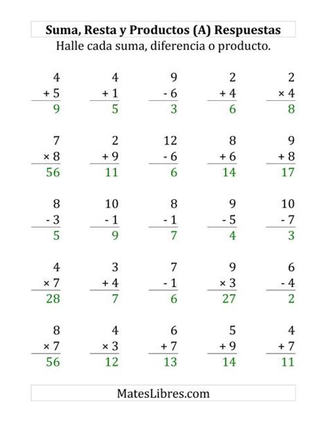 25 Ejercicios de Suma Resta y Multiplicación de 1 a 9 A