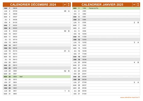 Calendrier Décembre 2024 et Janvier 2025 à imprimer