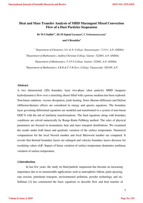 pdf heat and mass transfer analysis of mhd marangoni mixed convection flow of a dust particles