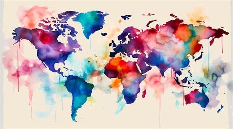 Mapa do mundo abstrato fundo aquarela continentes coloridos ilustração