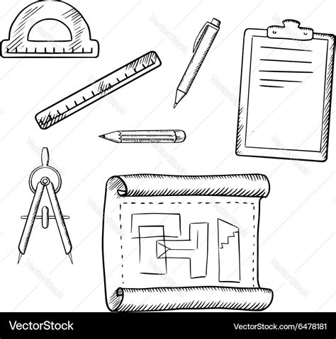 Architect Drawing And Tools Sketches Royalty Free Vector