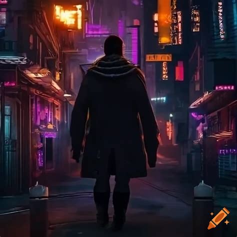 Cyberpunk Cityscape At Night With A Mysterious Figure In A Black Coat