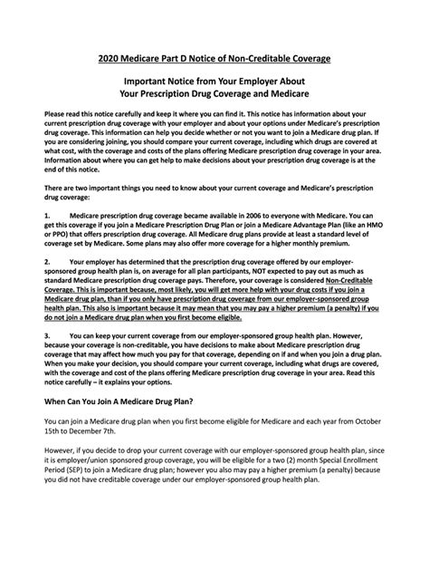 Fillable Online 2020 Medicare Part D Notice Of Non Creditable Coverage