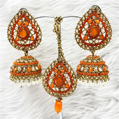 Anari Orange Jhumka Earring Tikka Set Antique Gold Indian Jewellery