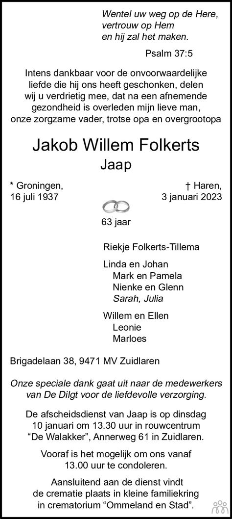 Jakob Willem Jaap Folkerts 03 01 2023 Overlijdensbericht En