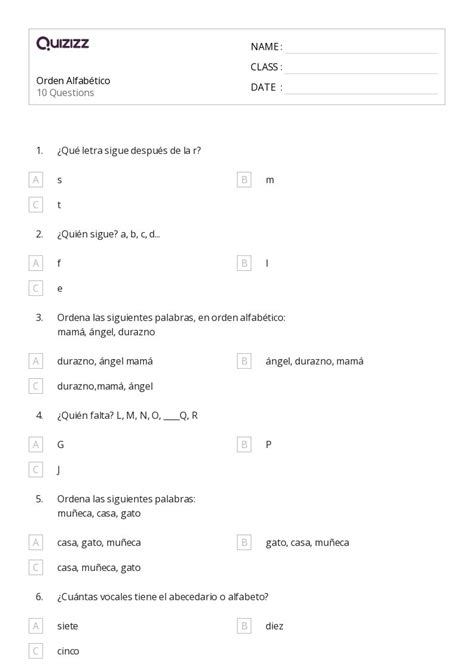 Orden Alfabetico Hojas De Trabajo Para Grado En Quizizz Gratis