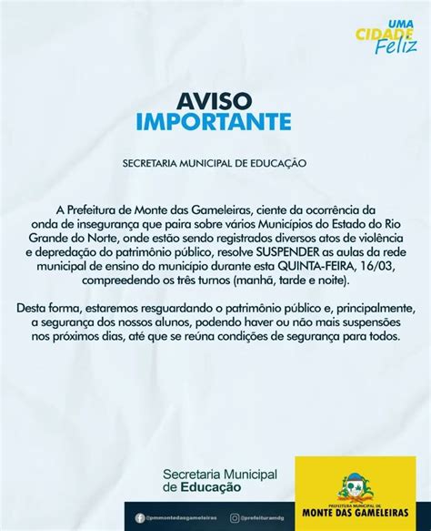 Prefeitura Municipal De Monte Das Gameleiras AVISO IMPORTANTE