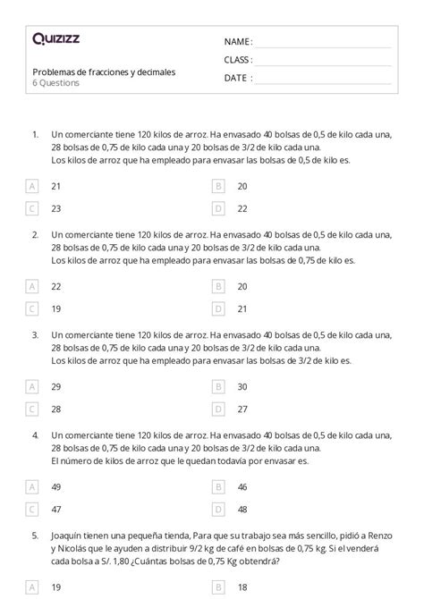 Problemas De Fracciones Hojas De Trabajo Para Grado En Quizizz