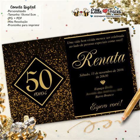 Convite Aniversário 50 anos Glitter Elo7 Produtos Especiais