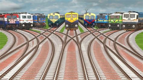 9 TRAINS CROSSING ON CRAZY CURVED BRANCHED RAILROAD TRACKS Train