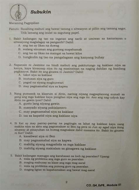 Basahing Mabuti Ang Bawat Tanong O Sitwasyon At Piliin Ang Tamang Sagot