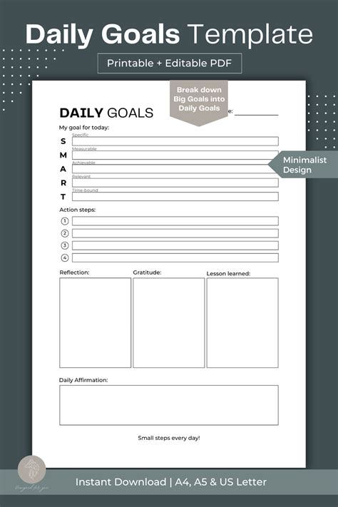Daily Goals Template Goal Settings Worksheet My Goals Personal Etsy