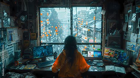 Cool Lofi Boy Studying At Her Desk Rainy Or Cloudy Outside Beautiful