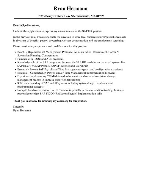 SAP HR Cover Letter Velvet Jobs