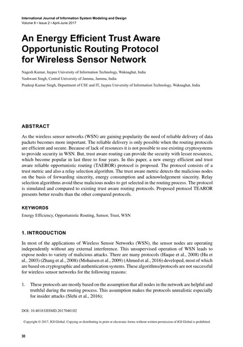 pdf an energy efficient trust aware opportunistic routing protocol for wireless sensor network