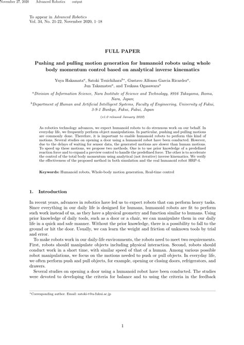 pdf pushing and pulling motion generation for humanoid robots using whole body momentum