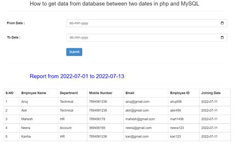 how to get data from the database between two dates in php and mysql phpgurukul