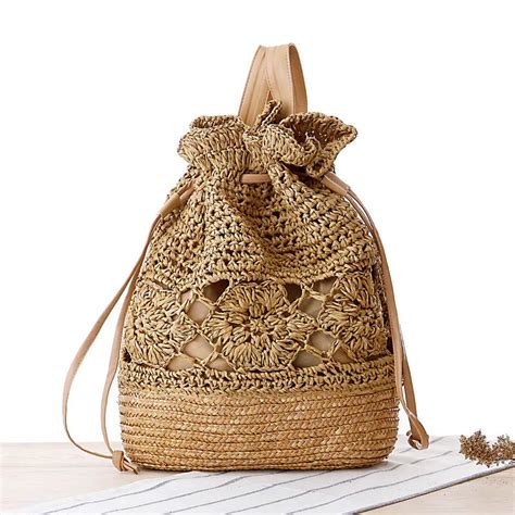 Drawstring Crochet Straw Beach Bags Handmade Summer Women Double