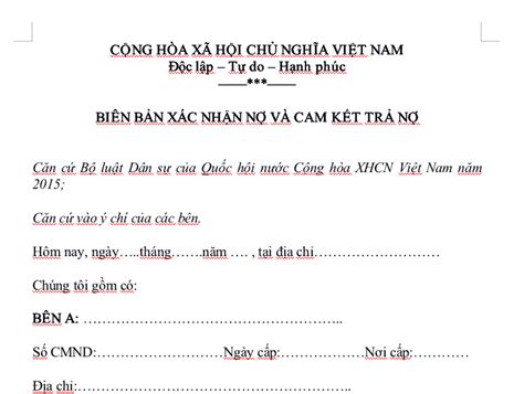 Mẫu cam kết xác nhận nợ và cam kết trả nợ thanh toán nợ Dịch Vụ
