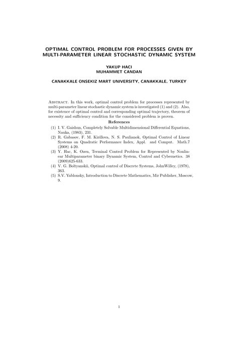 pdf optimal control problem for processes given by multi parameter linear stochastic dynamic