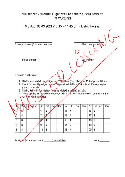 OC 2 Klausur LA Lösung WS2021 Klausur zur Vorlesung Organische Chemie