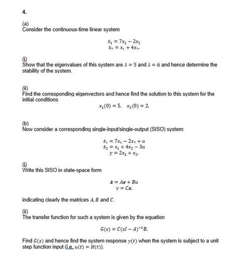 solved 4 a consider the continuous time linear system 1