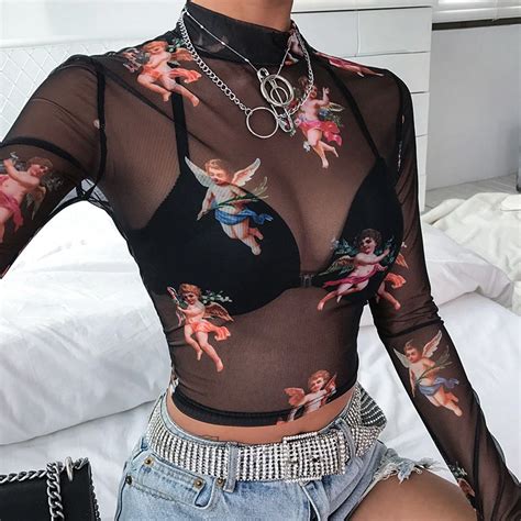 Sexy Women T Shirt See Through Transparent Mesh Tops Long Sleeve Sheer