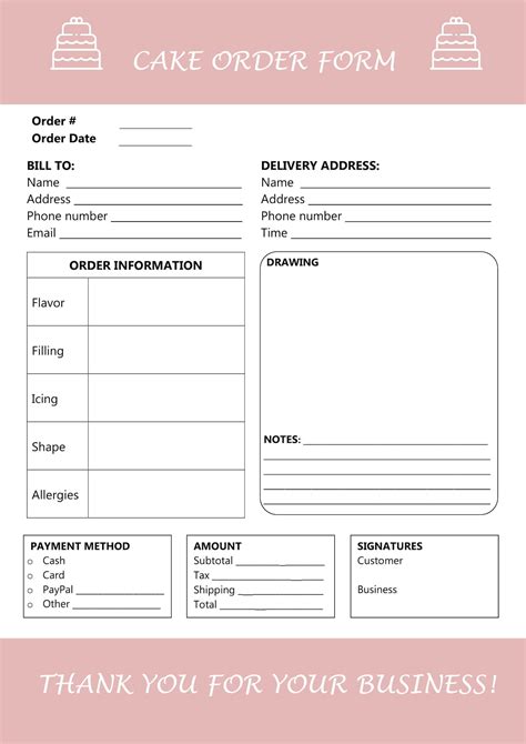 Cake Order Form Editable Template Bakery Order Form Receipt Home
