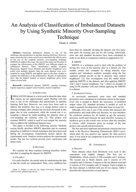 pdf an analysis of classification of imbalanced datasets by using synthetic minority over