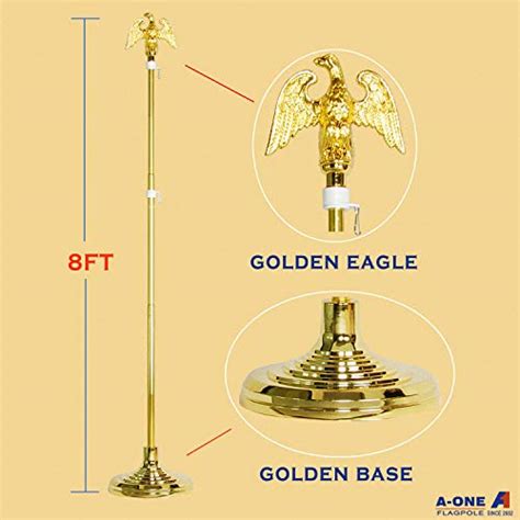 A ONE 8FT Telescopic Indoor Flagpole Kit Heavy Duty US Golden With