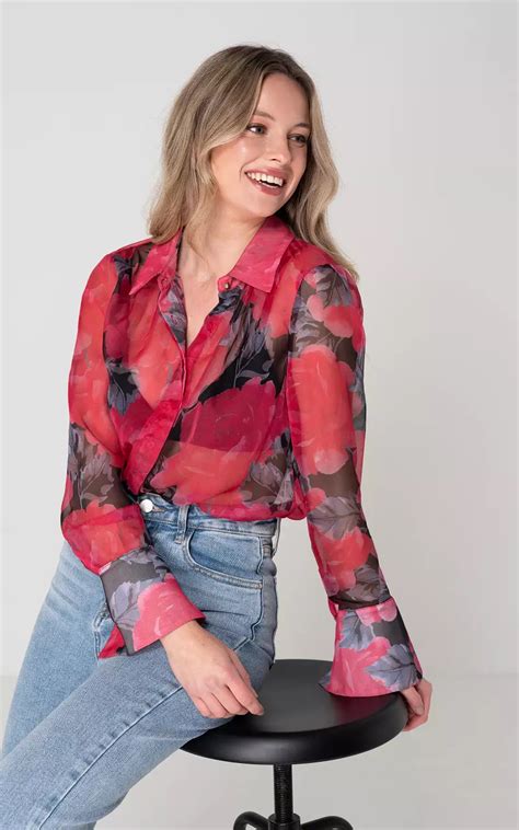 See Through Blouse With Floral Print Black Red