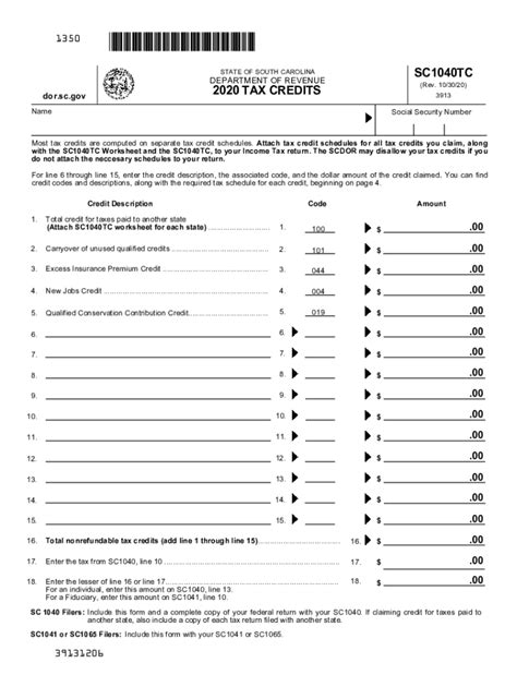 SC SC1040TC Worksheet Instructions 2020 2022 Fill Out Tax Template