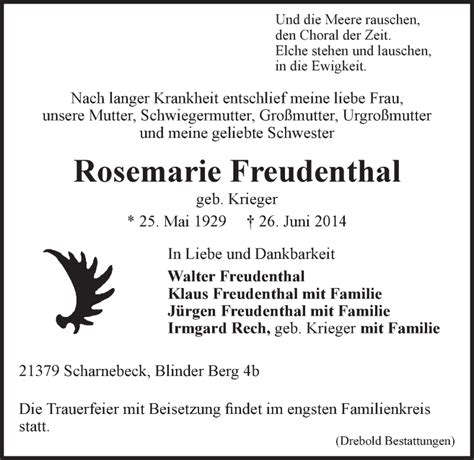 Traueranzeigen von Rosemarie Freudenthal Trauer Lüneburg de