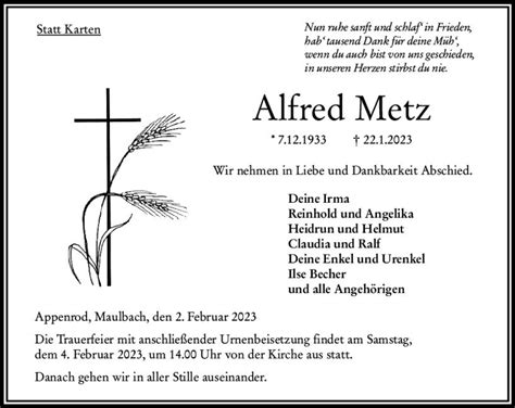 Traueranzeigen Von Alfred Metz Vrm Trauer De