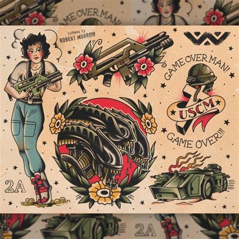 ALIENS Traditional Tattoo Flash Sheet Etsy Davis Rider Psycho Tattoo