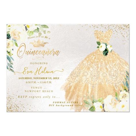 Quinceañera Gold Glitters Gown Cream Roses Invitation Zazzle Cream