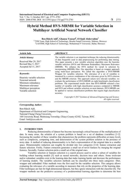 hybrid method hvs mrmr for variable selection in multilayer artificial neural network classifier