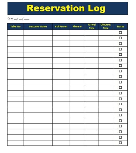Reservation Log Templates 10 Free Printable Word Excel Samples